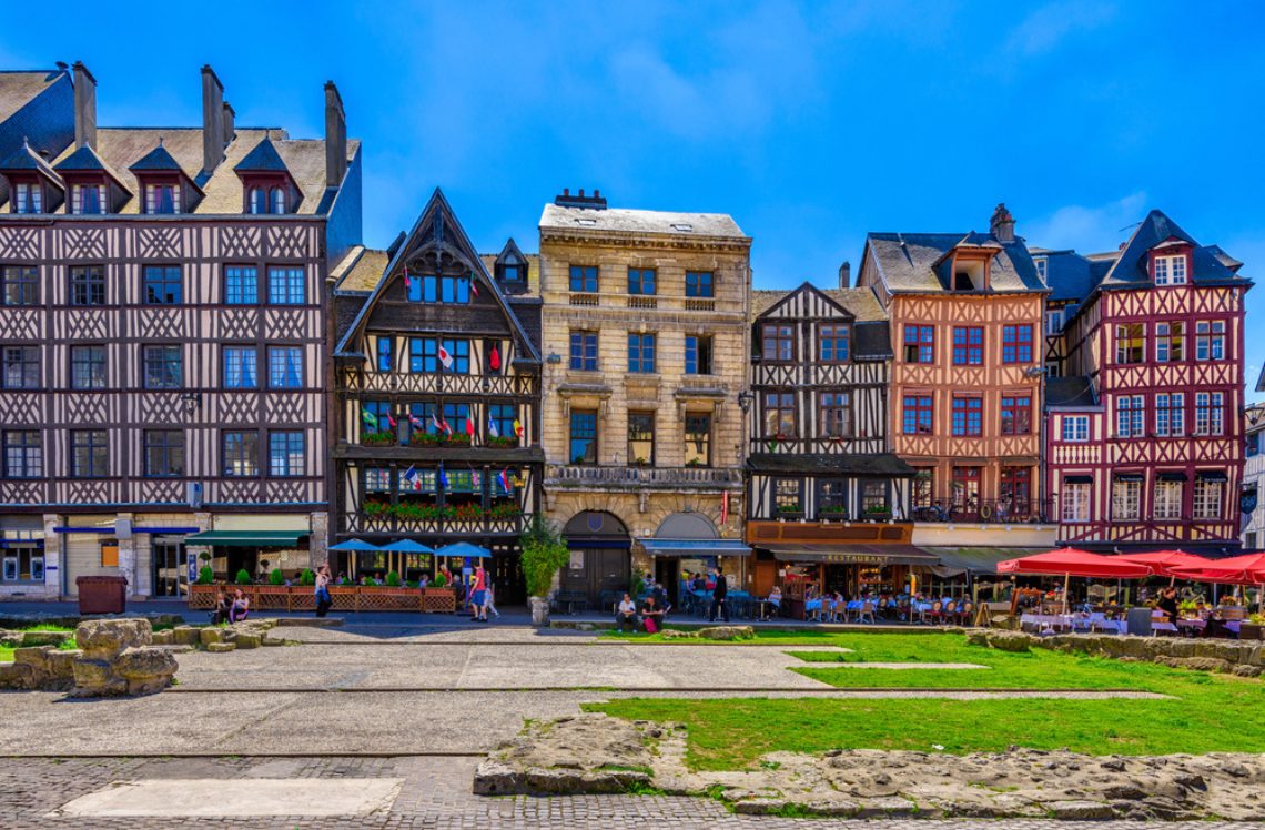 Street with timber framing houses in Rouen, Normandy, France ...